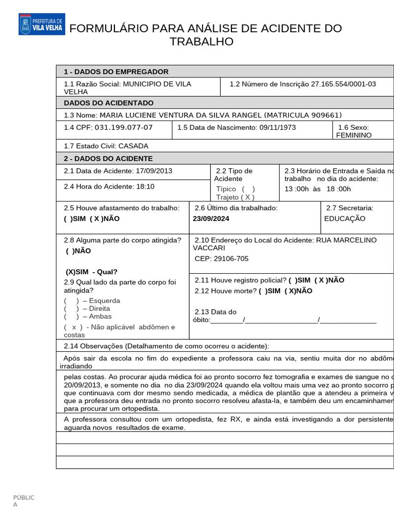 Formulário Atual Para Análise de Acidente de Trabalho(1) | PDF