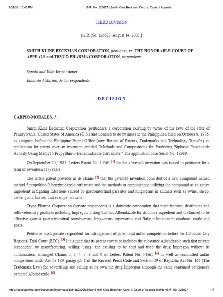 Case 99 194 - Smith Kline Beckman Corporation v. CA, G.R No. 126627 ...
