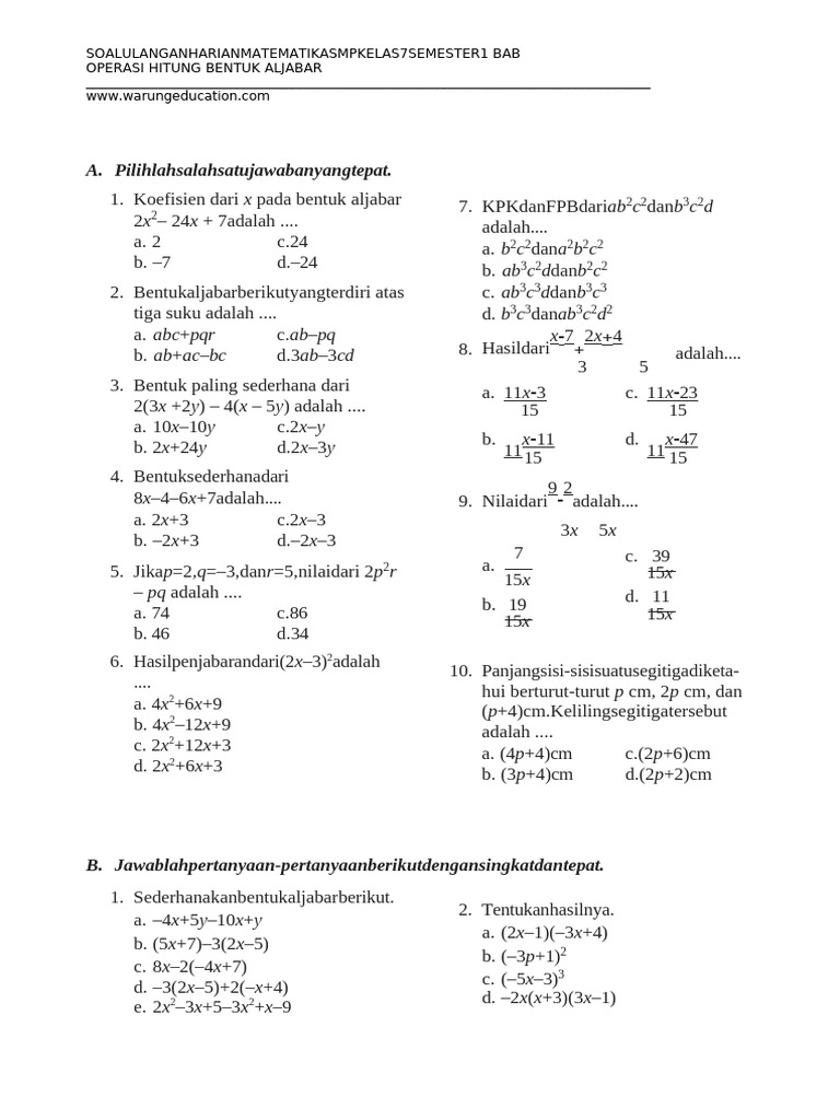 Soal Uh MTK SMP Kelas 7 Bab Operasi Hitung Bentuk Aljabar Semester 1 1 PDF | PDF