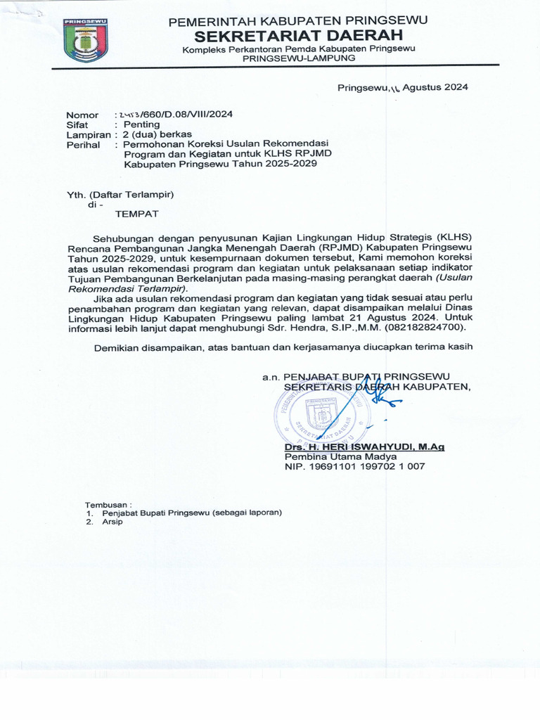 Surat Permohonan Koreksi Usulan Program Kegiatan KLHS RPJMD Pringsewu | PDF