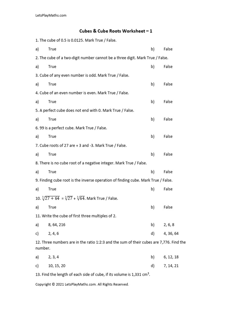 Cubes and Cube Roots Worksheet | PDF | Elementary Mathematics ...