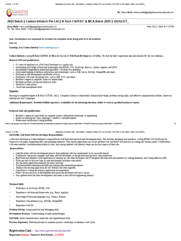 2025 Batch - Cadera Infotech PVT LTD - B.Tech CS - IT - EC & MCA Batch ...