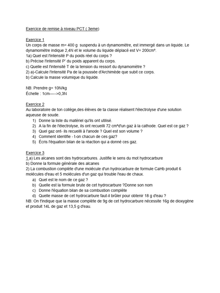 Exercice de Remise À Niveau PCT (3eme) | PDF