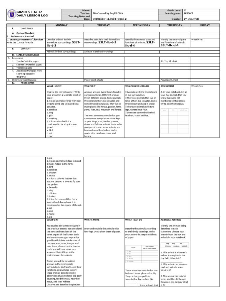 DLL - Science 3 - Q2 - W2 | PDF