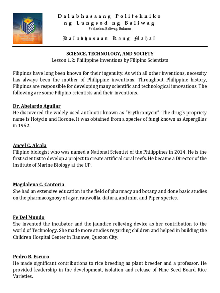 Lesson 1.2 Philippine Inventions by Filipino Scientists | PDF