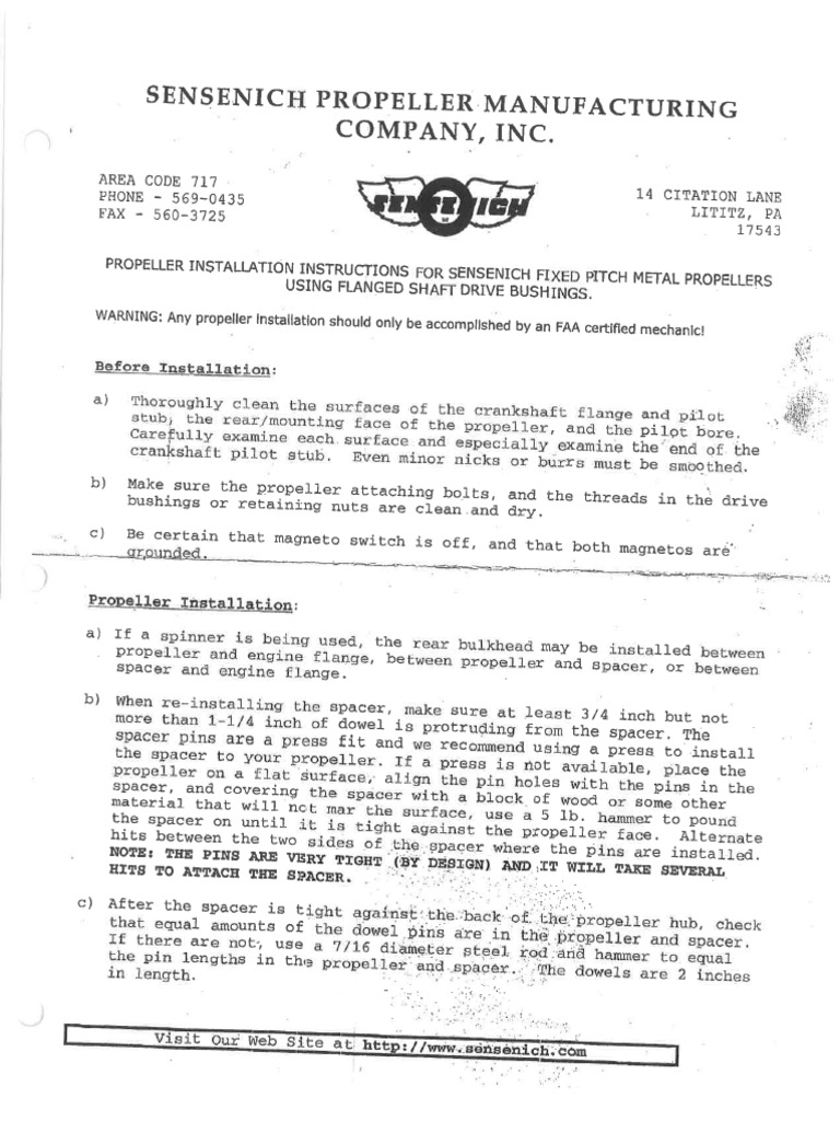 Sensenich Installation Instructions | PDF