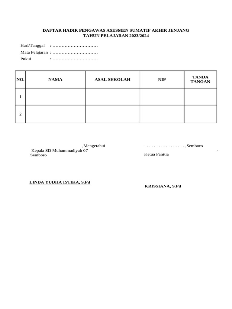 Daftar Hadir Pengawas Asesmen Sumatif Akhir Jenjang | PDF