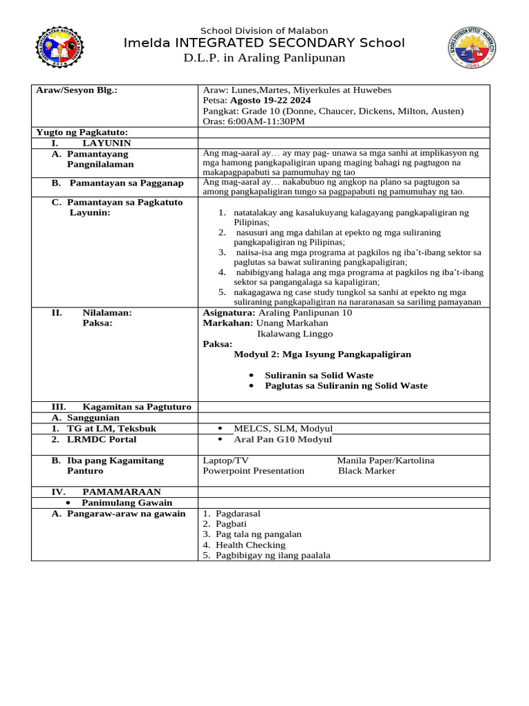 Gr.10 Apan DLP Wk. 2 q1 | PDF | Materials | Waste