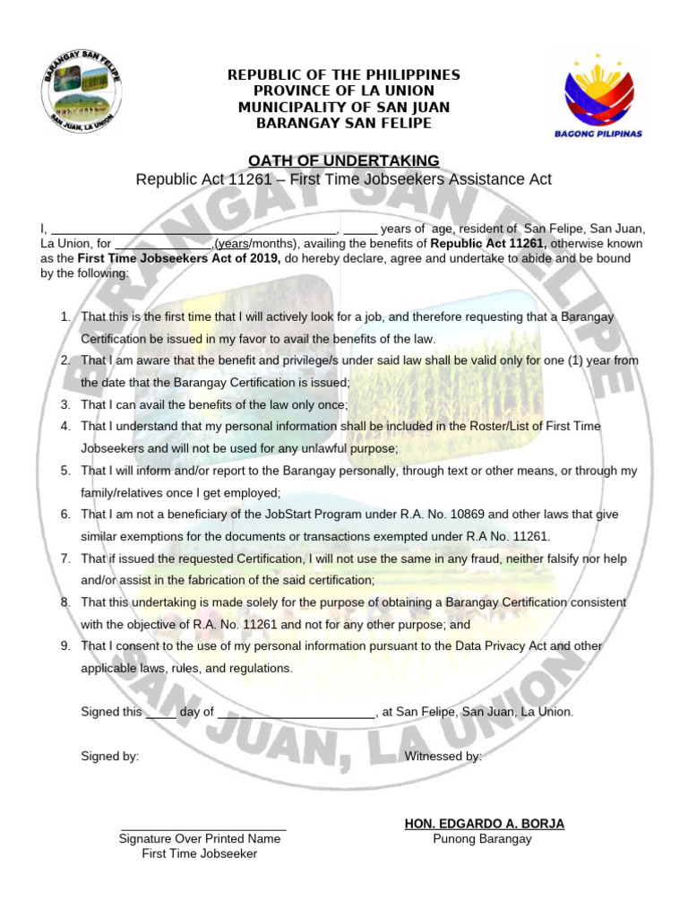 OATH OF UNDERTAKING For Jobseekers | PDF