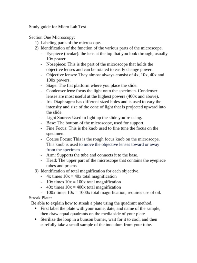 Study Guide For Micro Lab Test | PDF