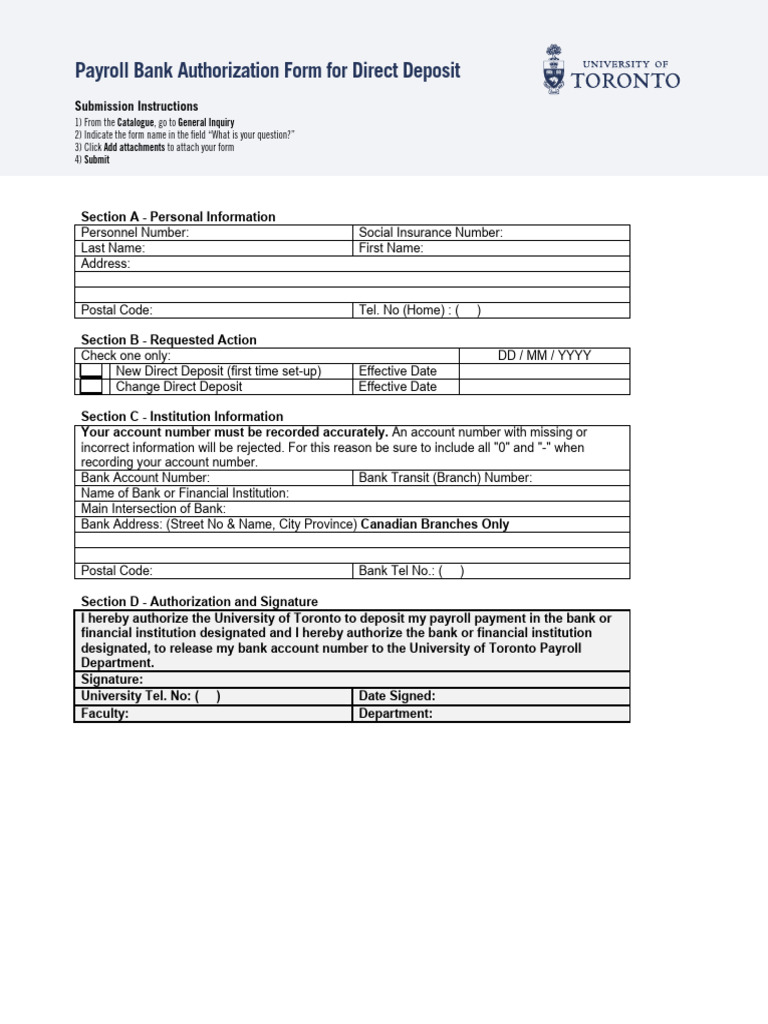 Payroll Bank Authorization Form For Direct Deposit | PDF