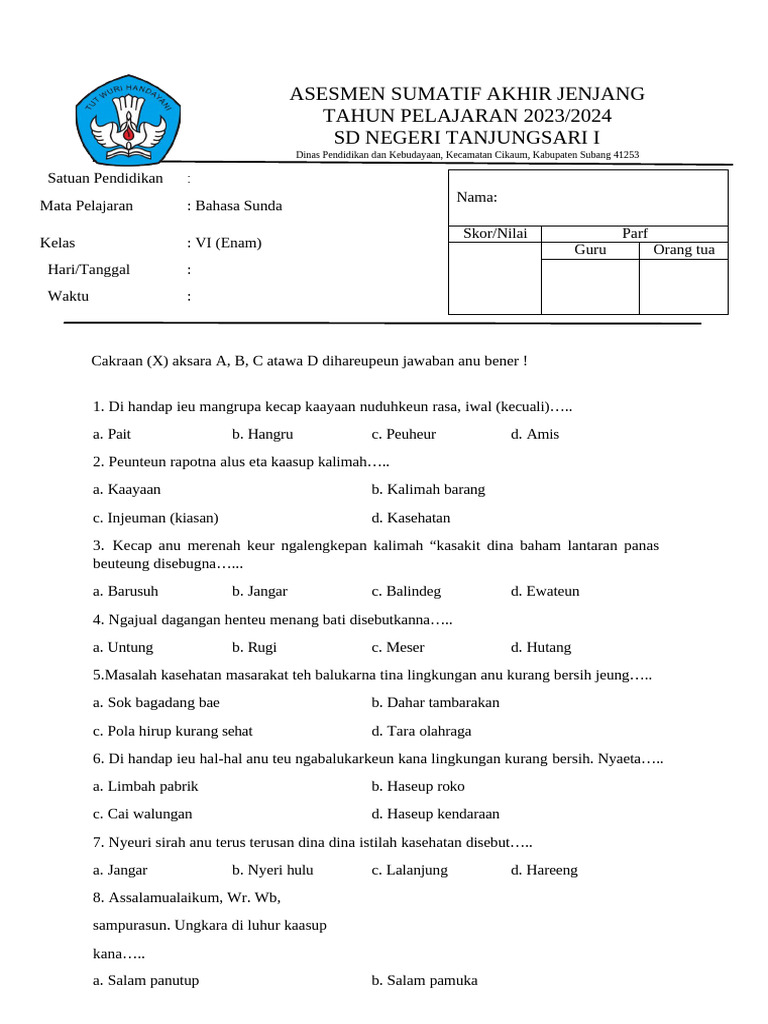 SOAL SUMATIF BAHASA SUNDA KELAS 6 SDN KARYA WINAYA | PDF