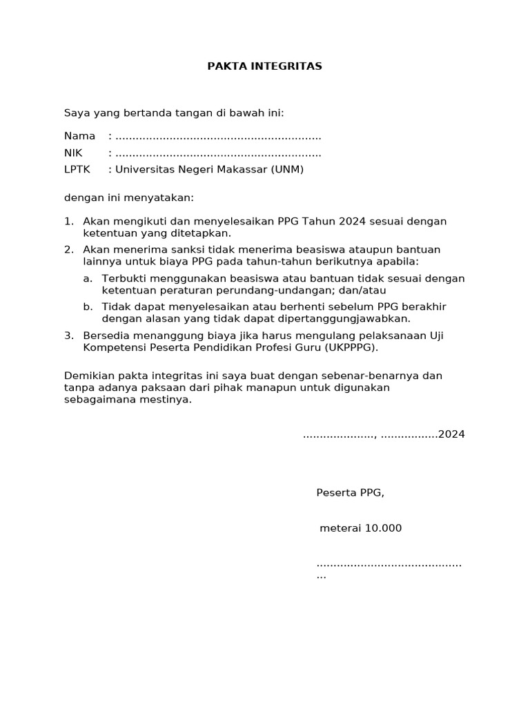 Pakta Integritas PPG GT 2024 Unm | PDF