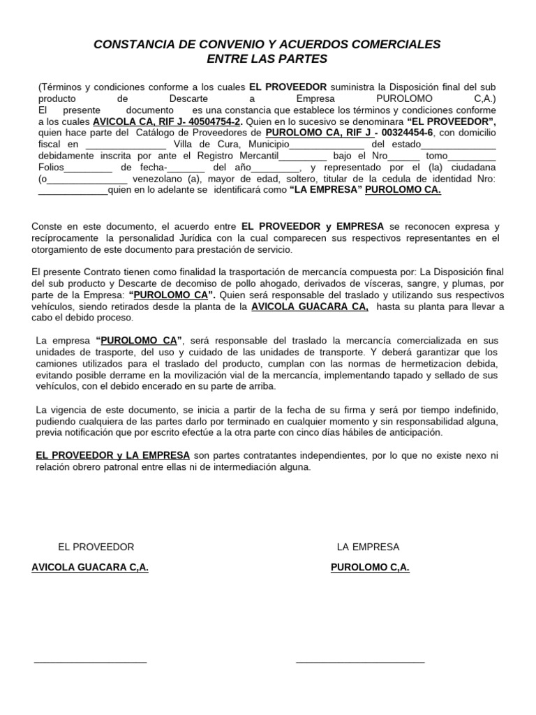 Constancia Del Convenio Comercial y Mutuo Acuerdo Purolomo | PDF