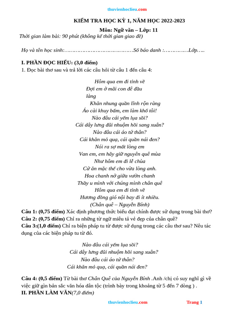 De Thi HK1 Ngu Van 11 Nam 22 23 | PDF