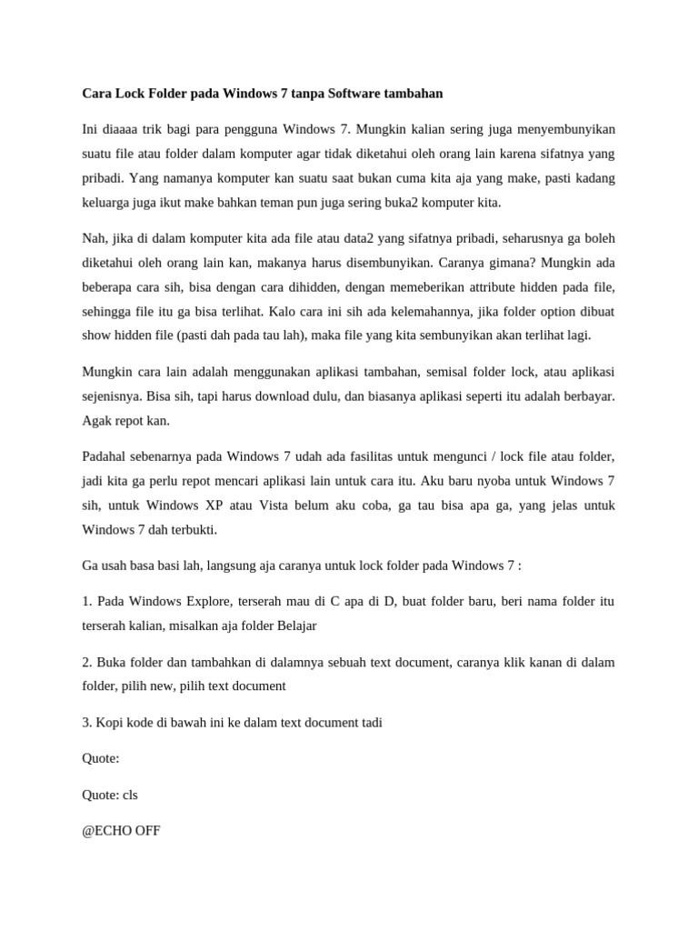 Cara Lock Folder Pada Windows 7 Tanpa Software Tambahan | PDF