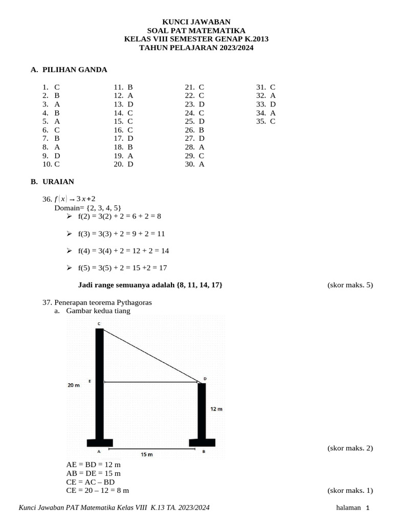 3_KUNCI JAWABAN PAT MTK8_K13_ 2024 | PDF