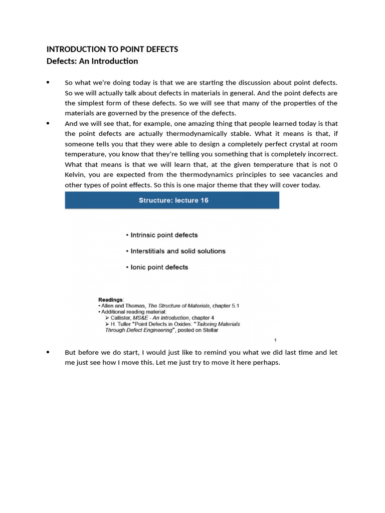 w05 Intro Point Defects | PDF