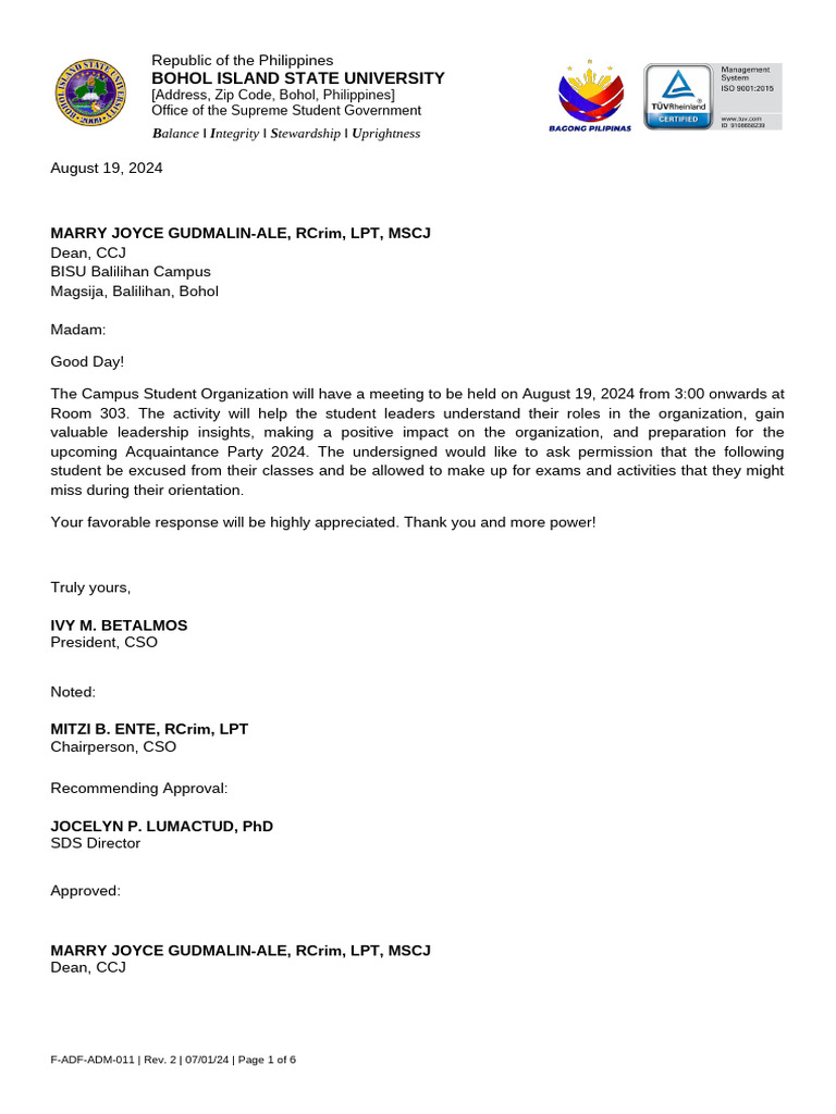 F-ADF-ADM-011 - Excuse - Letter - CSO Meeting | PDF