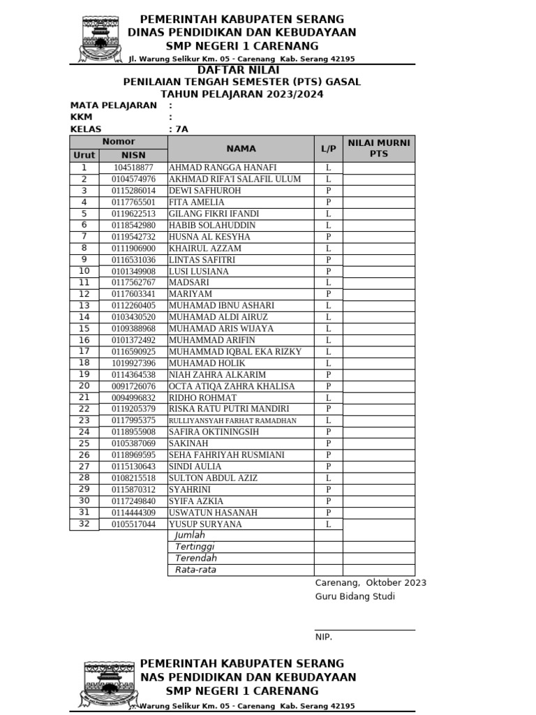 Daftar Nilai PTS 2023-2024 | PDF