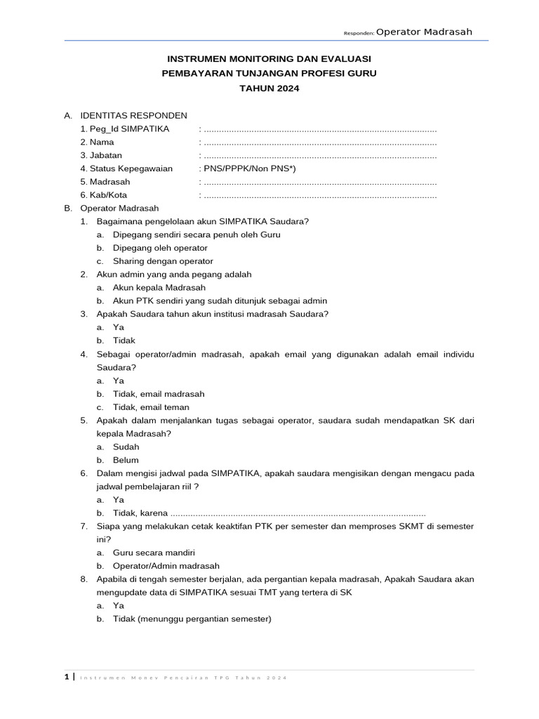 Instrumen Monev TPG 2024 - Operator | PDF