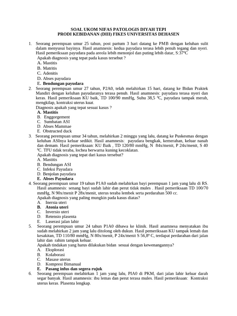 Diyah SOAL UKOM NIFAS PATOLOGIS | PDF