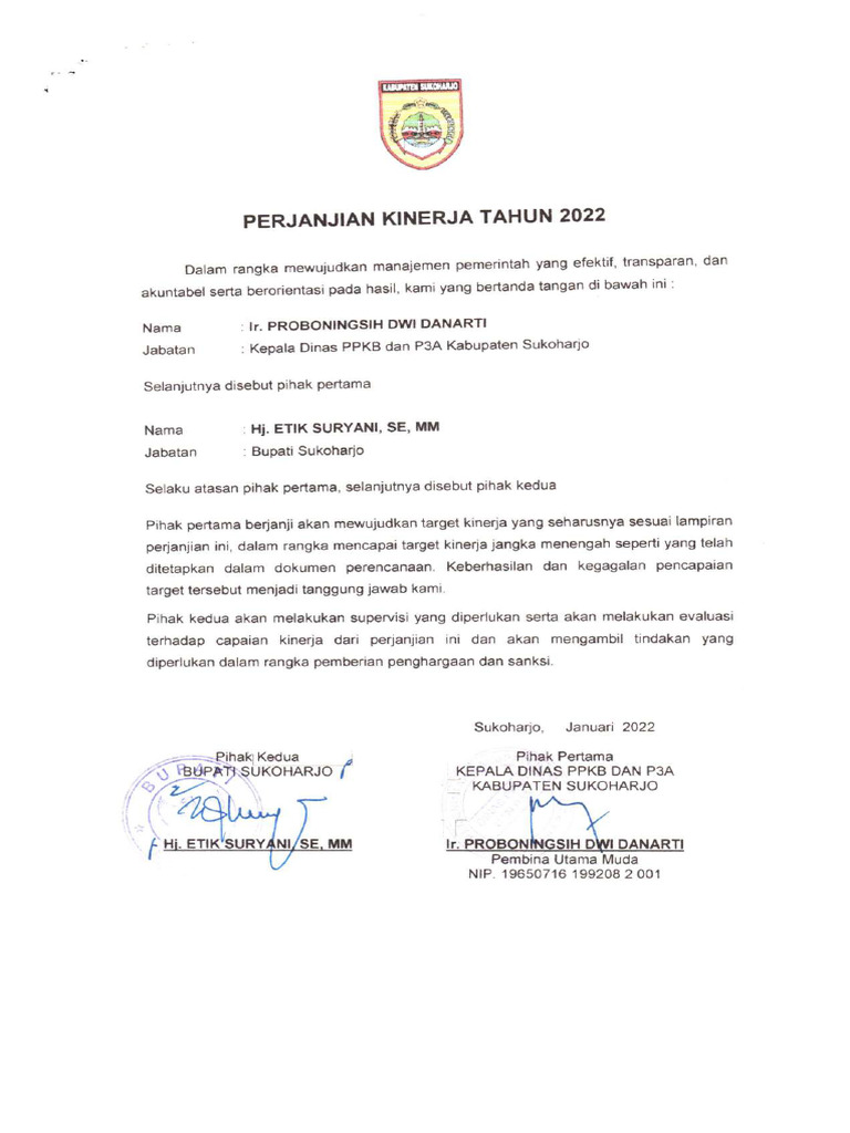 Perjanjian Kinerja Dppkbp3a Tahun 2022 1 | PDF
