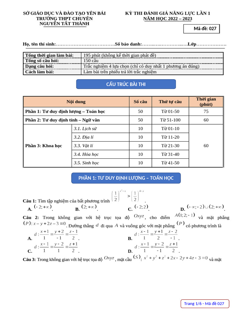 Phan 1 - Tu Duy Dinh Luong - Toan - Ma 027 | PDF
