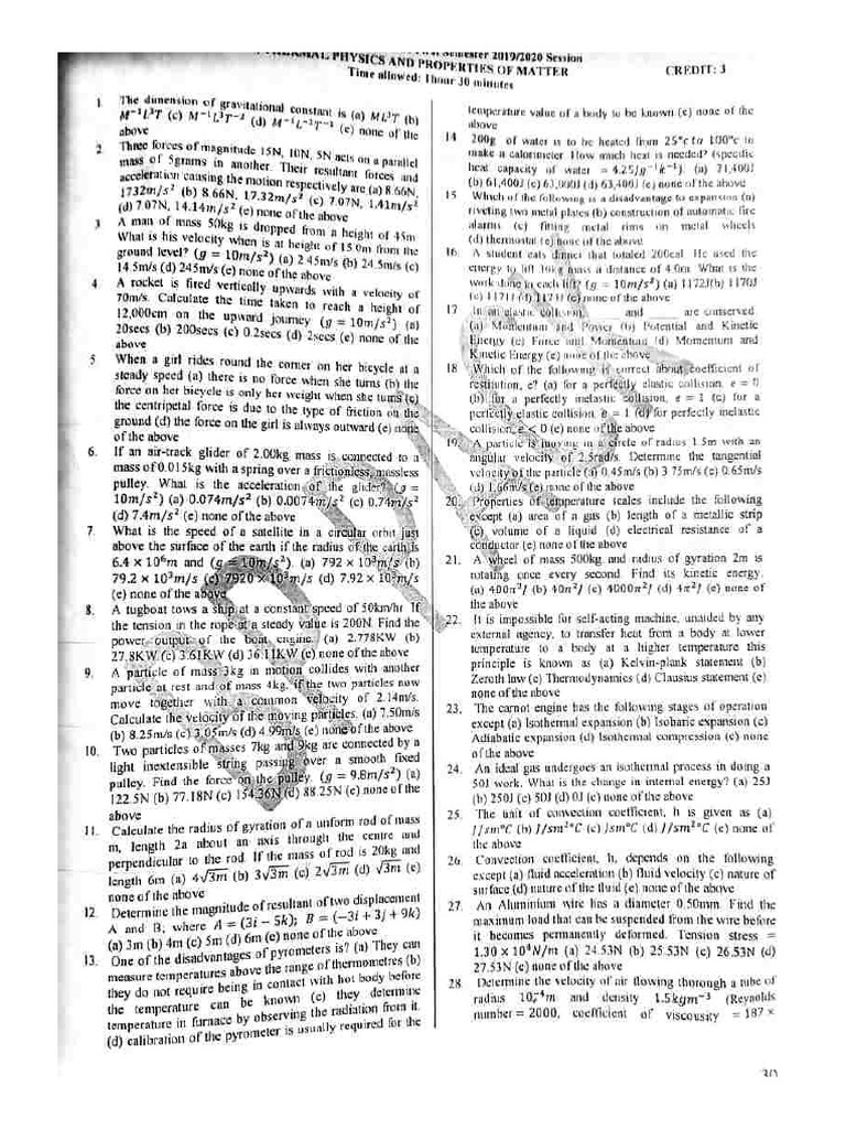 PHY 111 2019 Past Question | PDF