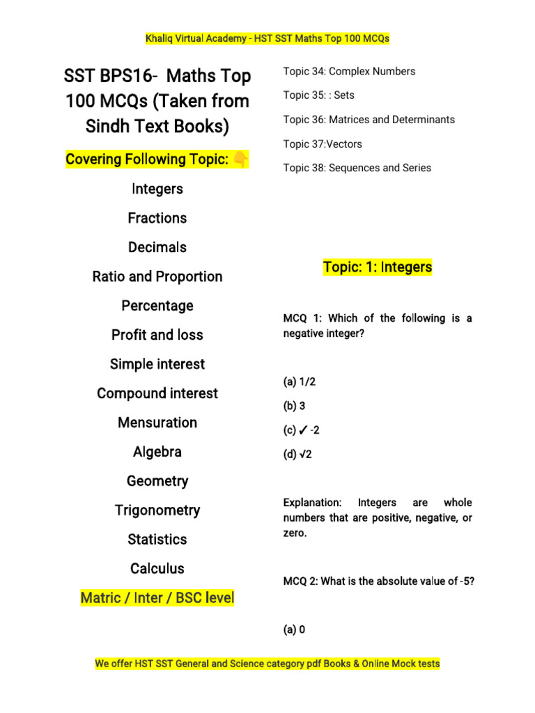 Topic Wise Maths Top 100 MCQs For SST BPS16 | PDF | Trigonometric Functions | Teaching Methods ...
