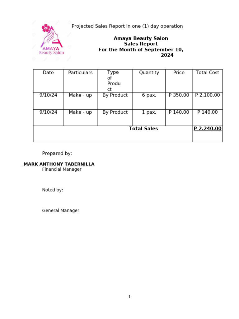 Projected Sales Report and Income Statement Work Plan Production Plan ...