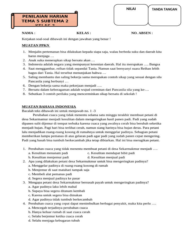 PH Tema 5 Subtema 2 Kelas 2 | PDF