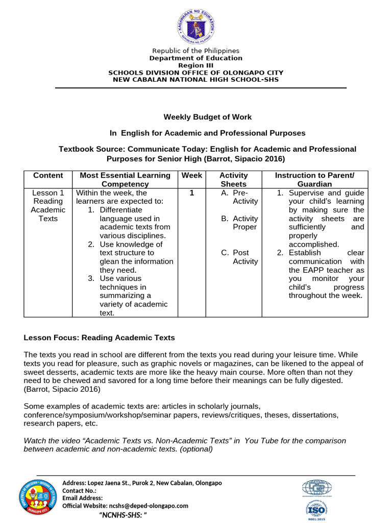 EAPP Learning Sheets (Week 3) | PDF