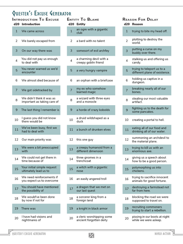 Quester's Excuse Generator | PDF