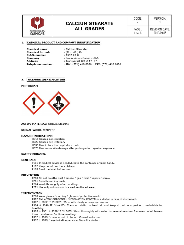 CC.HS.05 - SAFETY DATA SHEET CALCIUM STEARATE | PDF