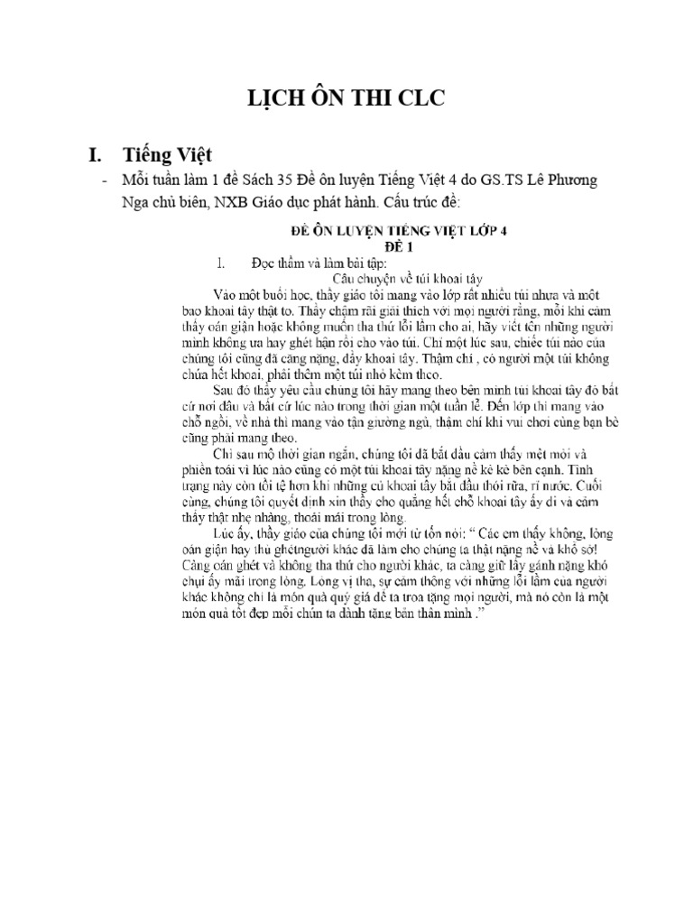 LỊCH ÔN THI CLC TIẾNG ANH, TIẾNG VIỆT | PDF