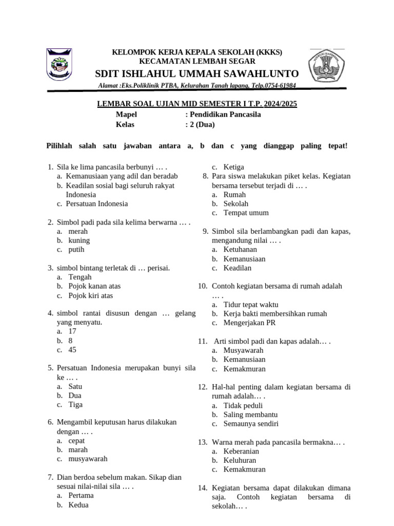 Soal Uts Pancasila Kelas 2 Kumer | PDF