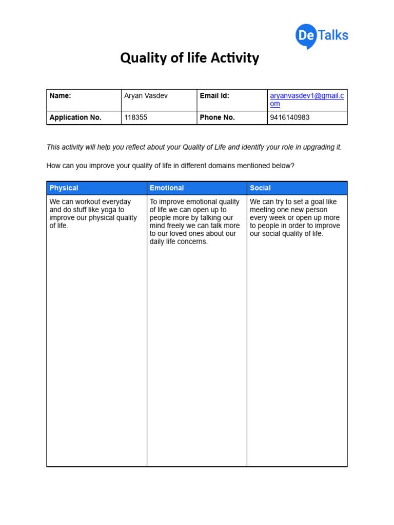 Quality of Life Activity | PDF