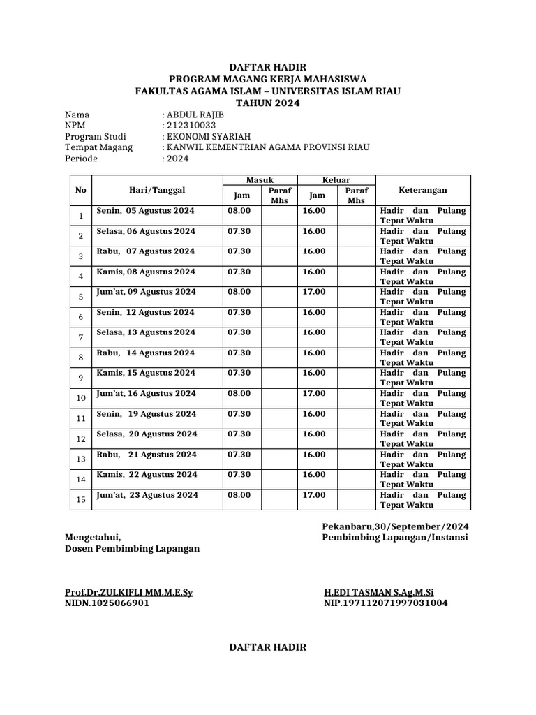 Daftar Hadir Absen Magang | PDF