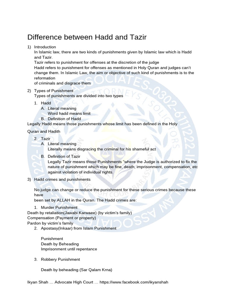 Hadd vs Tazir: Islamic Punishments Explained | PDF | Crimes | Crime ...