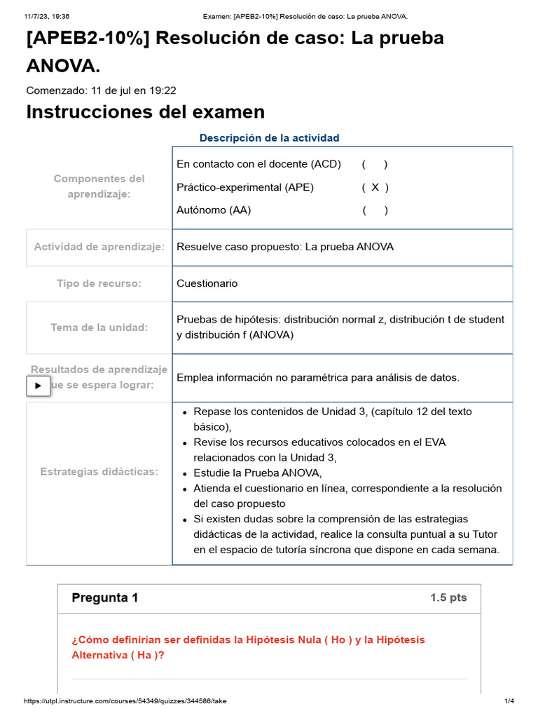 Examen - (APEB2-10%) Resolución de Caso - La Prueba ANOVA | PDF | Aprendizaje | Cognición