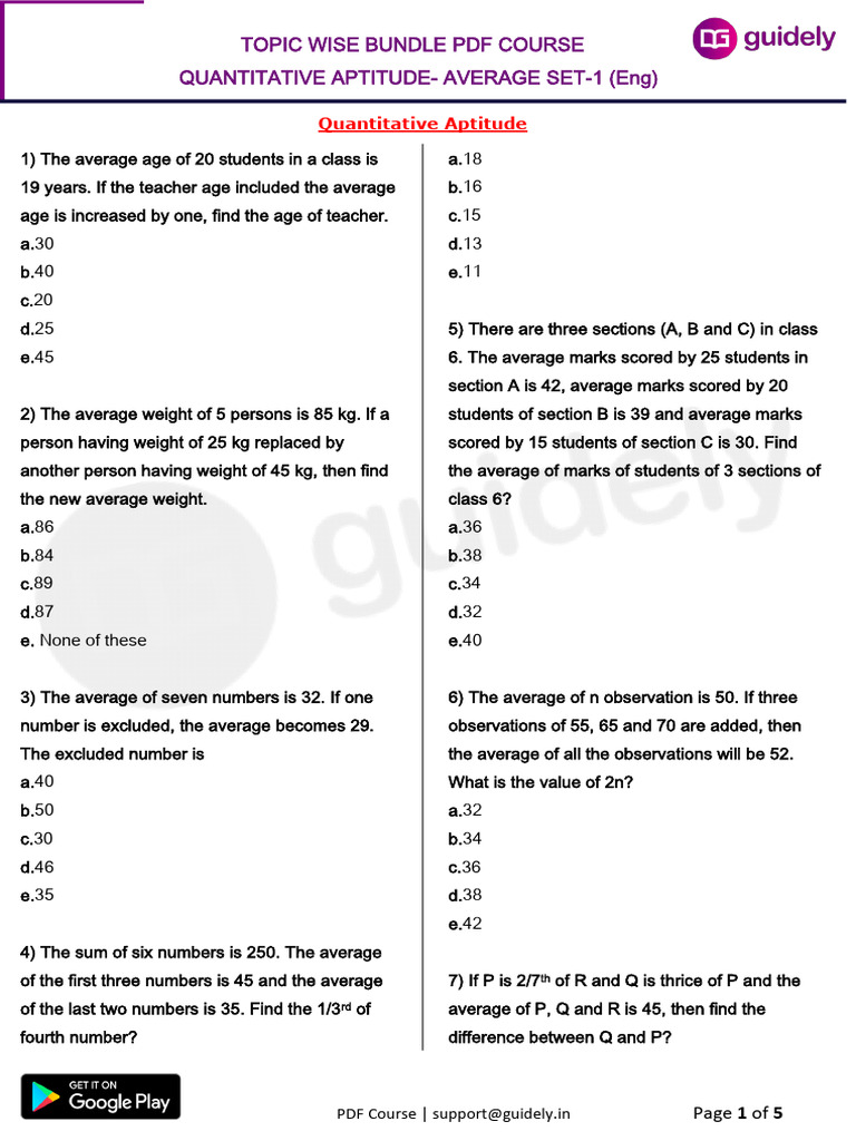 Topic Wise Bundle PDF Course Quantitative Aptitude-Average Set-1 (Eng) | PDF