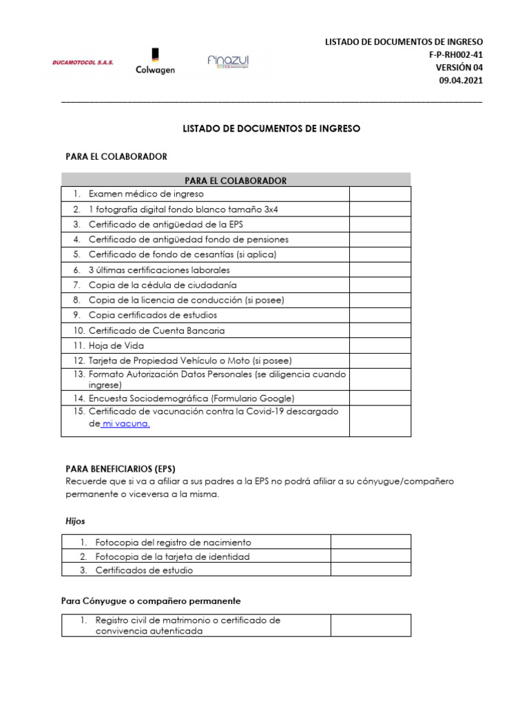 Listado de Documentos de Ingreso | PDF