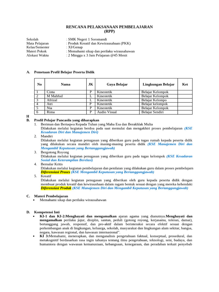 RPP Berdiferensiasi Bermuatan PSE | PDF | Karier & Perkembangan | Pengembangan Diri