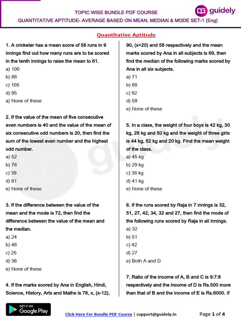 Topic Wise Bundle PDF Course Quantitative Aptitude-Average Based On Mean, Median & Mode Set-1 ...