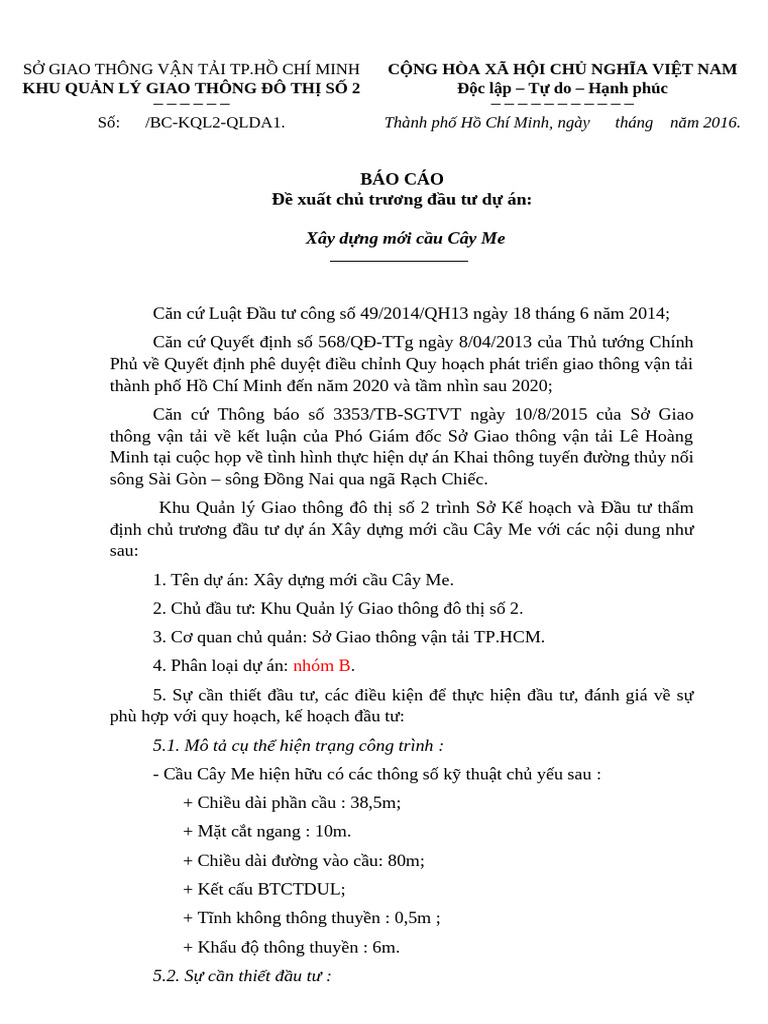 Xong - Phu Luc 02 - Bao Cao de Xuat Chu Truong Dau Tu Du An Xay Dung Moi Cau Cay Me (gđ1) | PDF