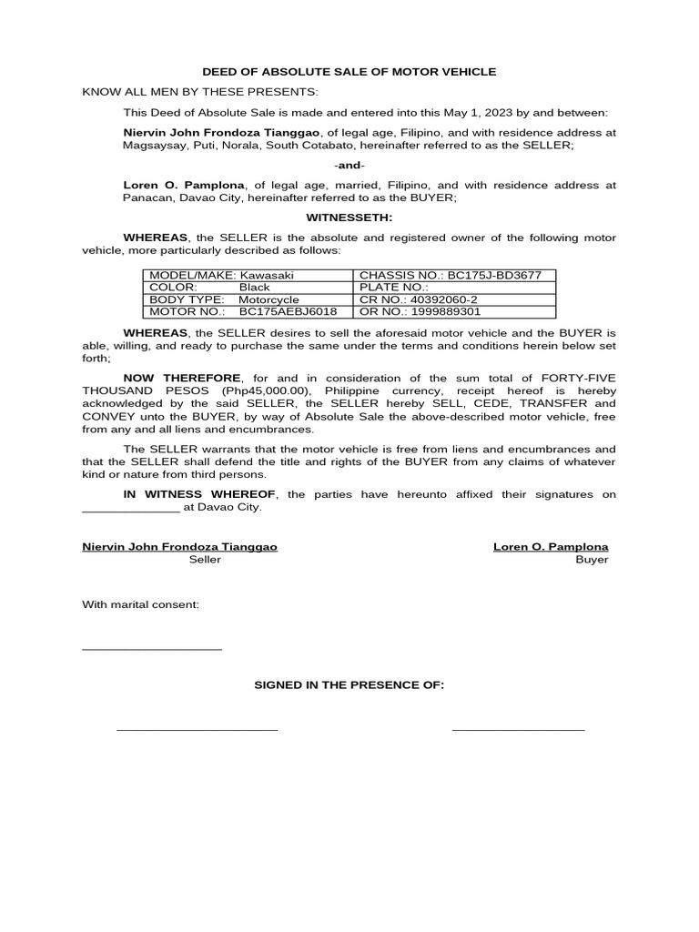 DEED OF ABSOLUTE SALE OF MOTOR VEHICLE- template | PDF