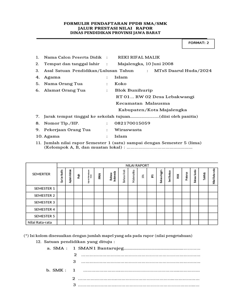 Formulir Pendaftaran PPDB Sma SMK Jalur Prestasi Nilai Rapor | PDF