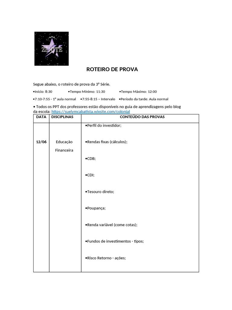 Roteiro de Provas 3°A e B | PDF