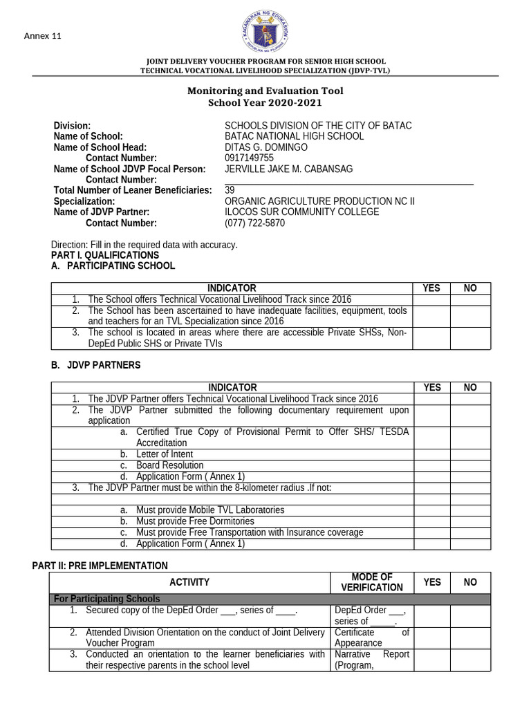 Annex 11 Monitoring and Evaluation Tool OAP NC II | PDF